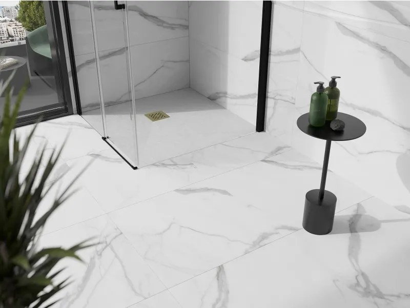 Mexen Stone+, čtvercová vanička z minerálního kompozitu 90 x 90 cm, bílá, zlatá lesklá krytka, 44109090-G