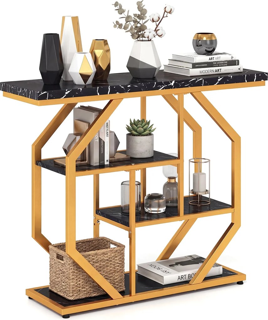 Costway 100 cm konzolový stolek 4patrový moderní s policemi a deskou z černého
