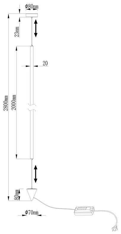 Mantra Vertical, stmívatelná černá závěsná lampa, LED 36W 2160lm 3000K, výška 215-350cm
