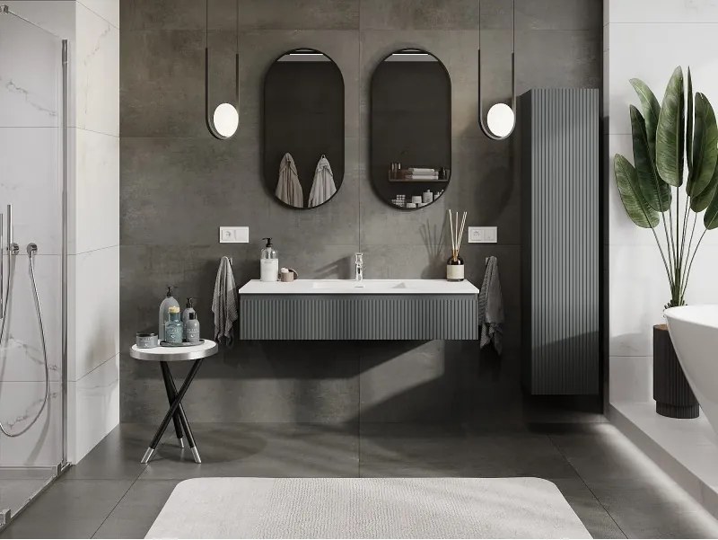 Mexen Rivel, koupelnová skříňka 120 cm s umyvadlem Otis, 1 zásuvka, drážkovaná, grafitová matná/bílá matná, 91A20-12023-1-BF66-W18M0
