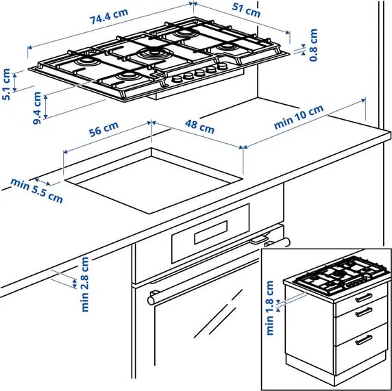SKÅLAN Plynová varná deska, IKEA 500 nerezavějící ocel, 74 cm