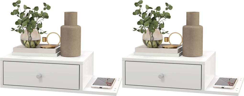 HOMCOM sada 2 nástěnných nočních stolků - sada 2 nočních stolků - boční polička a zásuvka - 55Š x 30H x 15V cm, bílý MDF