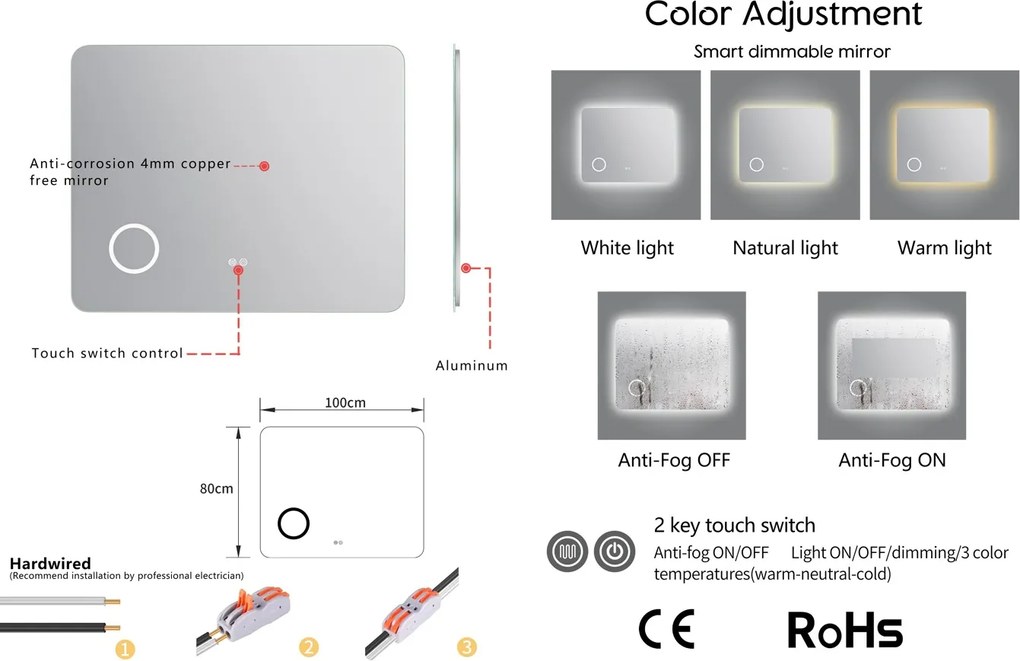 Erga Myra, LED zrcadlo 100x80 cm s kosmetickým zrcadlem 3x zvětšení, 4114 lm, 3 barvy světla, zadní osvětlení, ERG-V01-MYRA-1080-00