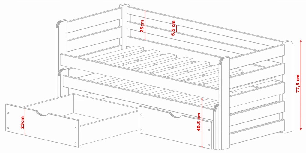 Dětská postel z masivu borovice SANDRA s přistýlkou a šuplíky - 200x90 cm - ŠEDÁ