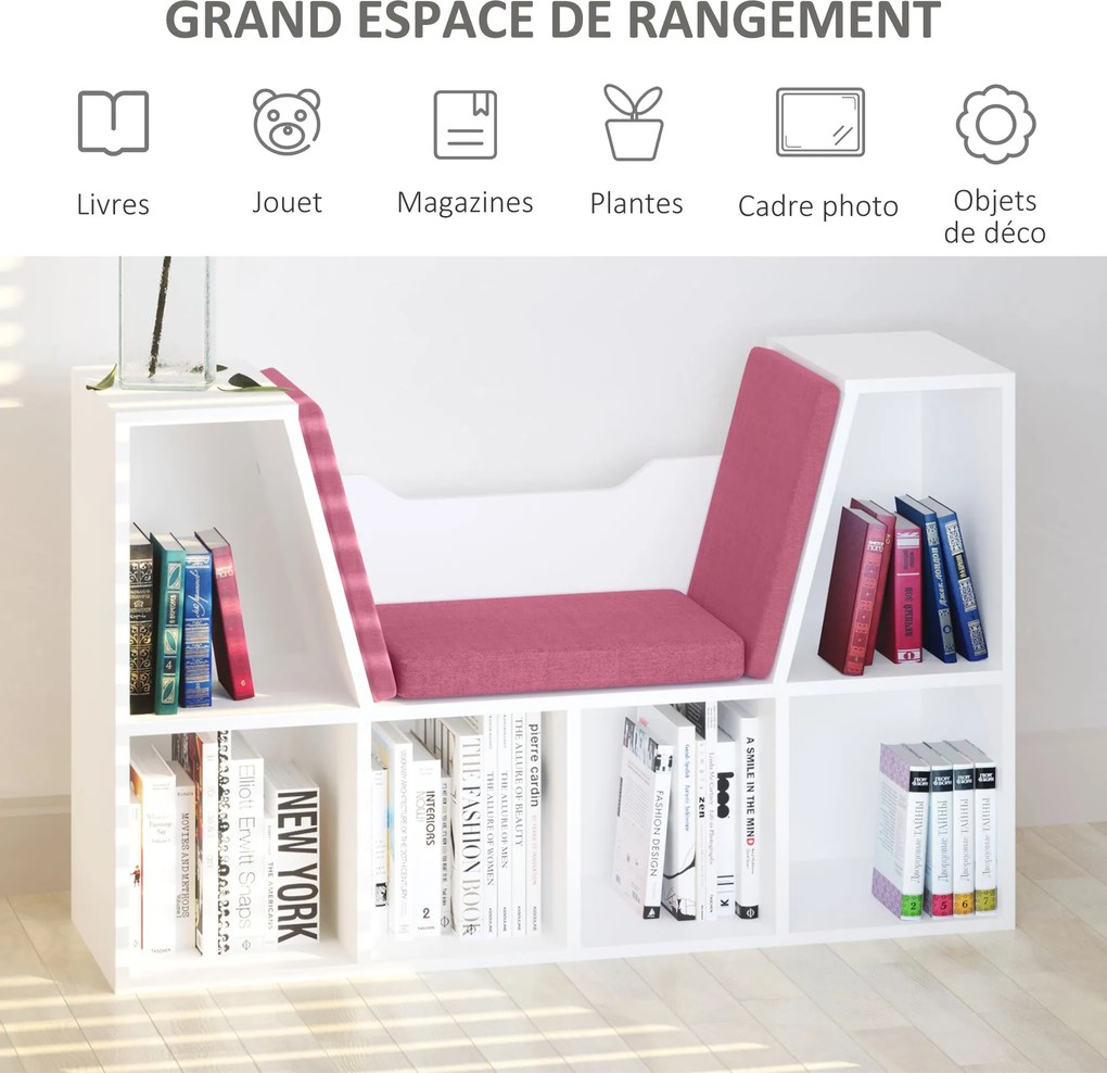 HOMCOM Moderní Design 2-v-1 Knihařská Lavice s 6 Úložnými Prostředky a 3 Polštářky 102L x 30W x 61H cm Bílá Růžová | Aosom