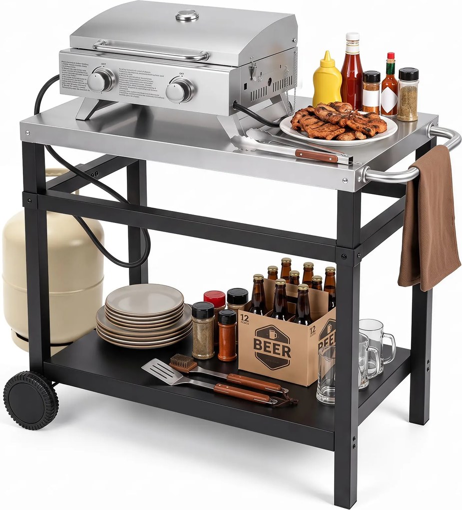 Costway Grilovací vozík grilovací stůl s nerezovou pracovní deskou a policí