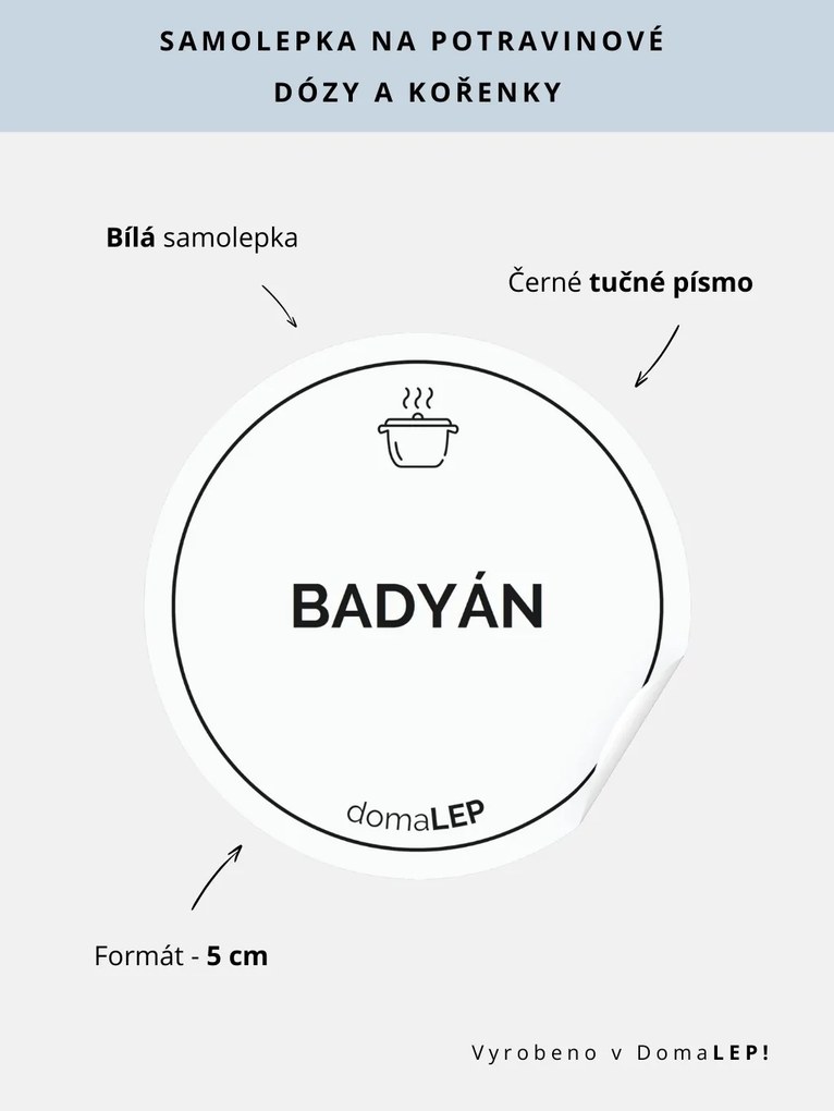 Samolepka na kořenky BADYÁN bílá 5 cm tučné písmo