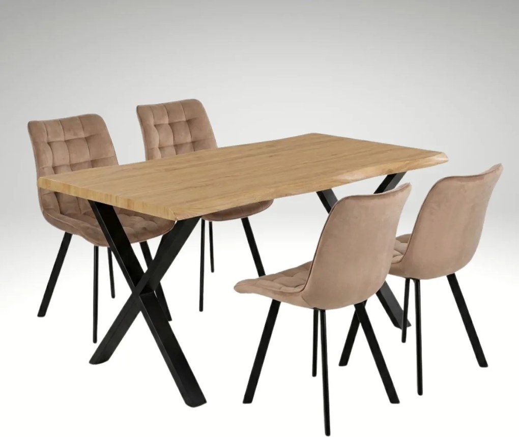 Vikio Jídelní set pro 4 osoby 160x90 cm dub noha X béžová židle VJS236-4BE-S