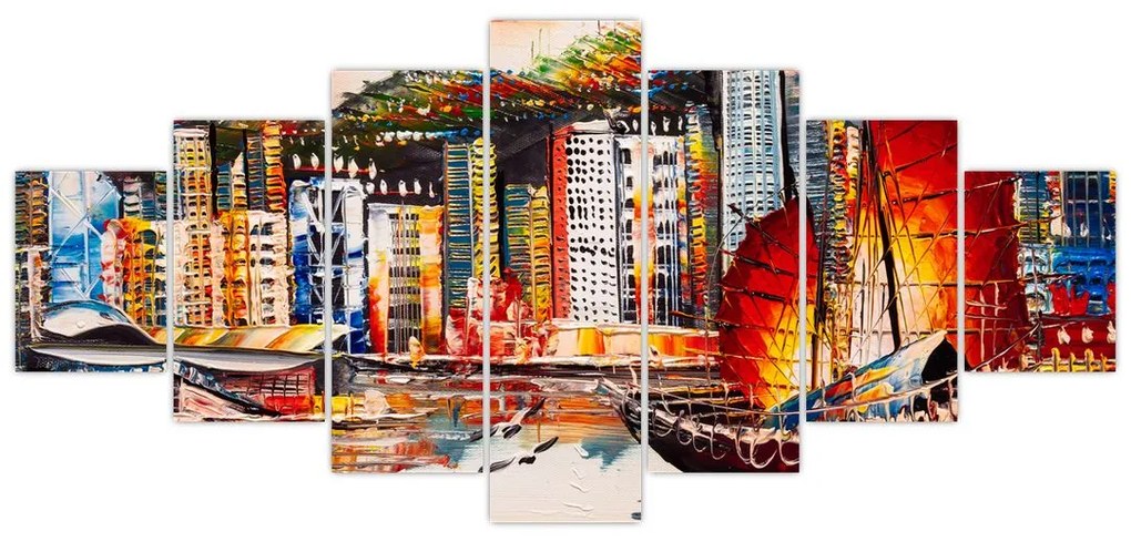 Obraz - Victoria Harbor, Hong Kong, olejomalba (210x100 cm)