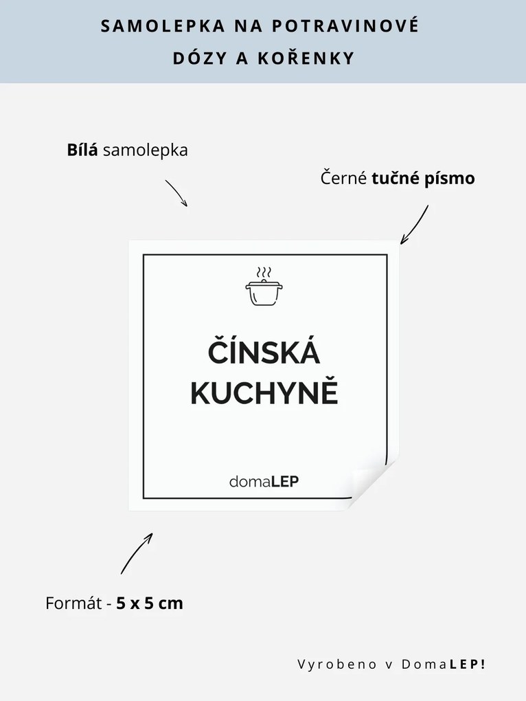 Samolepka na kořenky ČÍNSKÁ KUCHYNĚ bílá 5 × 5 cm tučné písmo