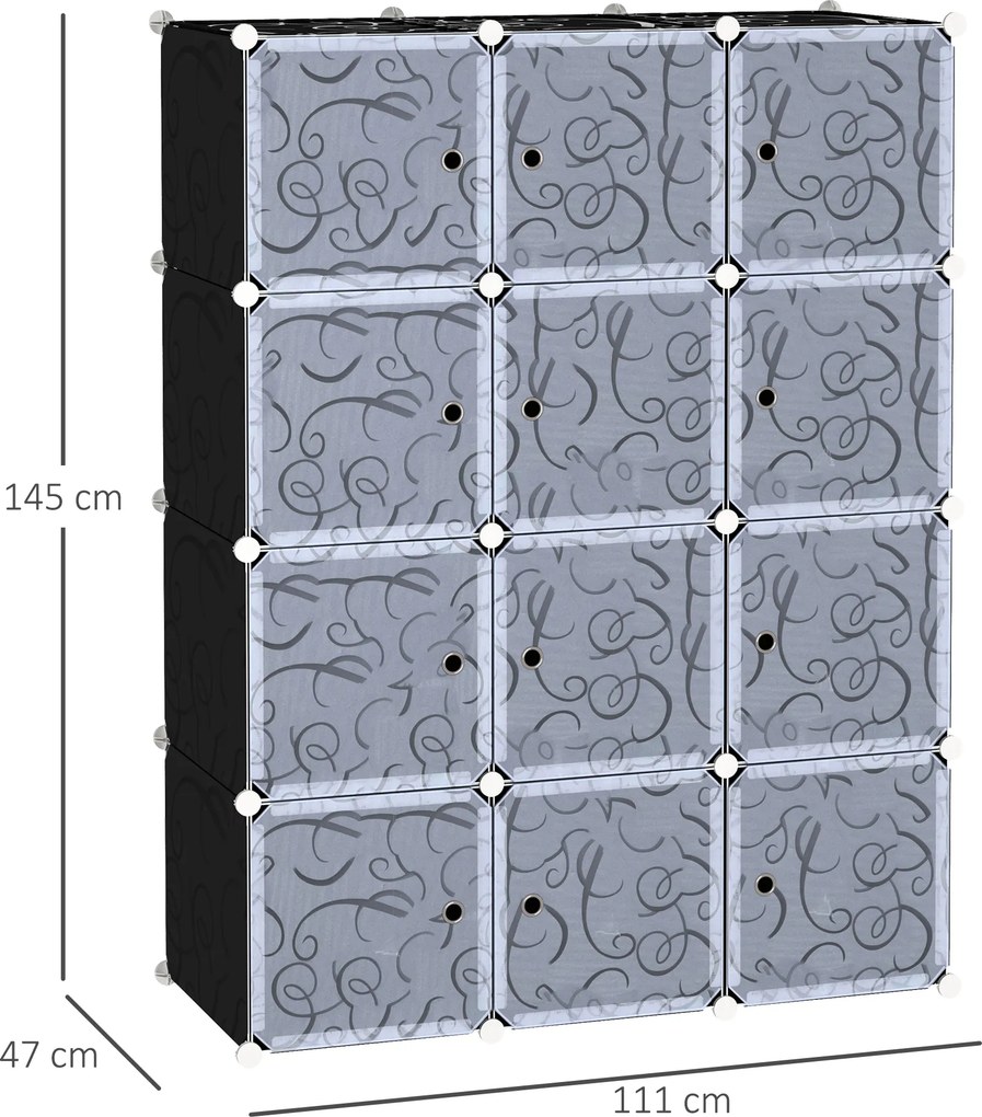 HOMCOM DIY Systém Šatníku se 2 Velkými a 9 Malými K cubes, Úložný prostor, Botník, Knihovna, Hračkový K cabinet Černá 111 x 47 x 145 cm