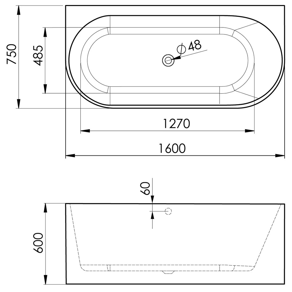 Polysan Monolith volně stojící vana ASTRA DR černá mat, 160×75×60 cm, 34611MDRB
