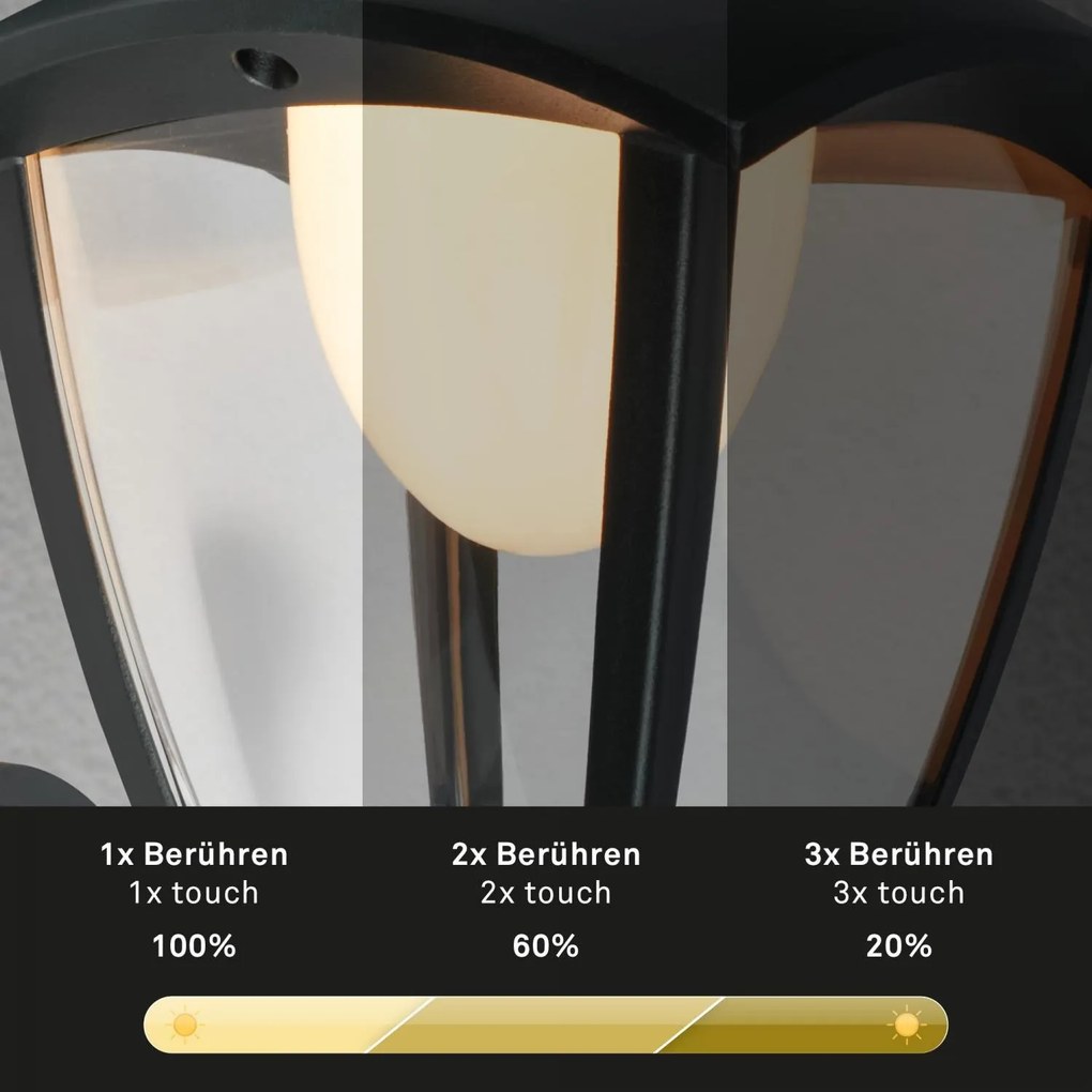 BRI 3929015 LED nabíjecí nástěnné svítidlo, venkovní, retro, dotykový vypínač, vyměnitelné baterie, vč. USB-C kabelu, stmívatelné, IP44, černá - BRILONER