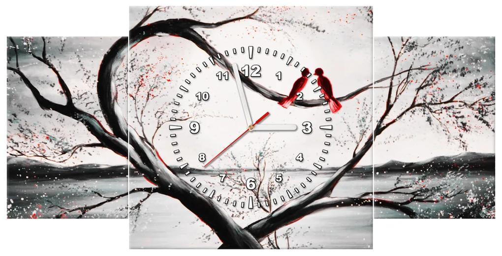 Gario Obraz s hodinami Ptačí láska - 3 dílný Rozměry: 80 x 40 cm