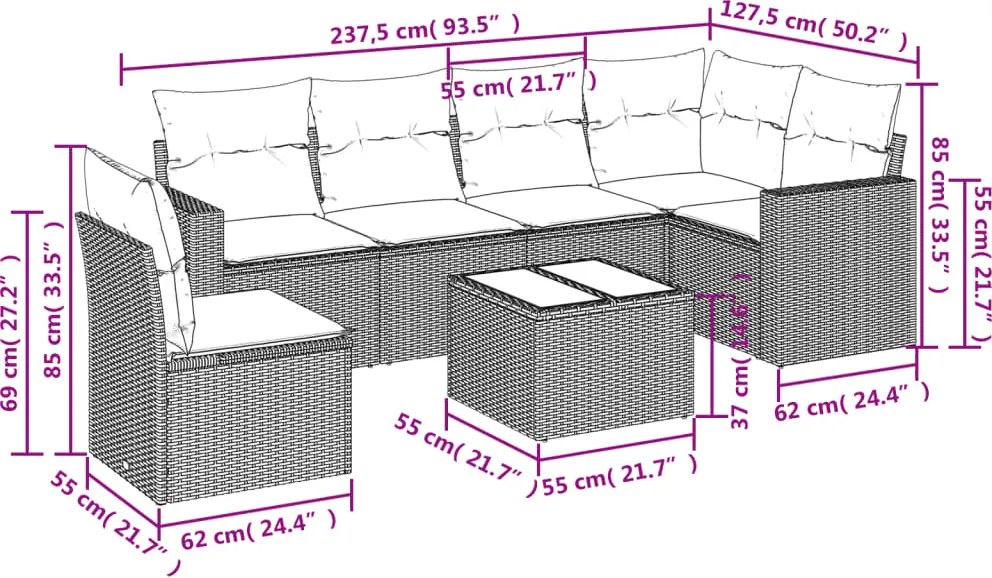 7dílná zahradní sedací souprava a podušky světle šedá polyratan 3251379