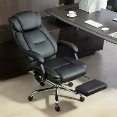 HOMCOM Ergonomická kancelářská židle s masážní funkcí, kancelářská židle s opěrkou nohou, černá umělá kůže