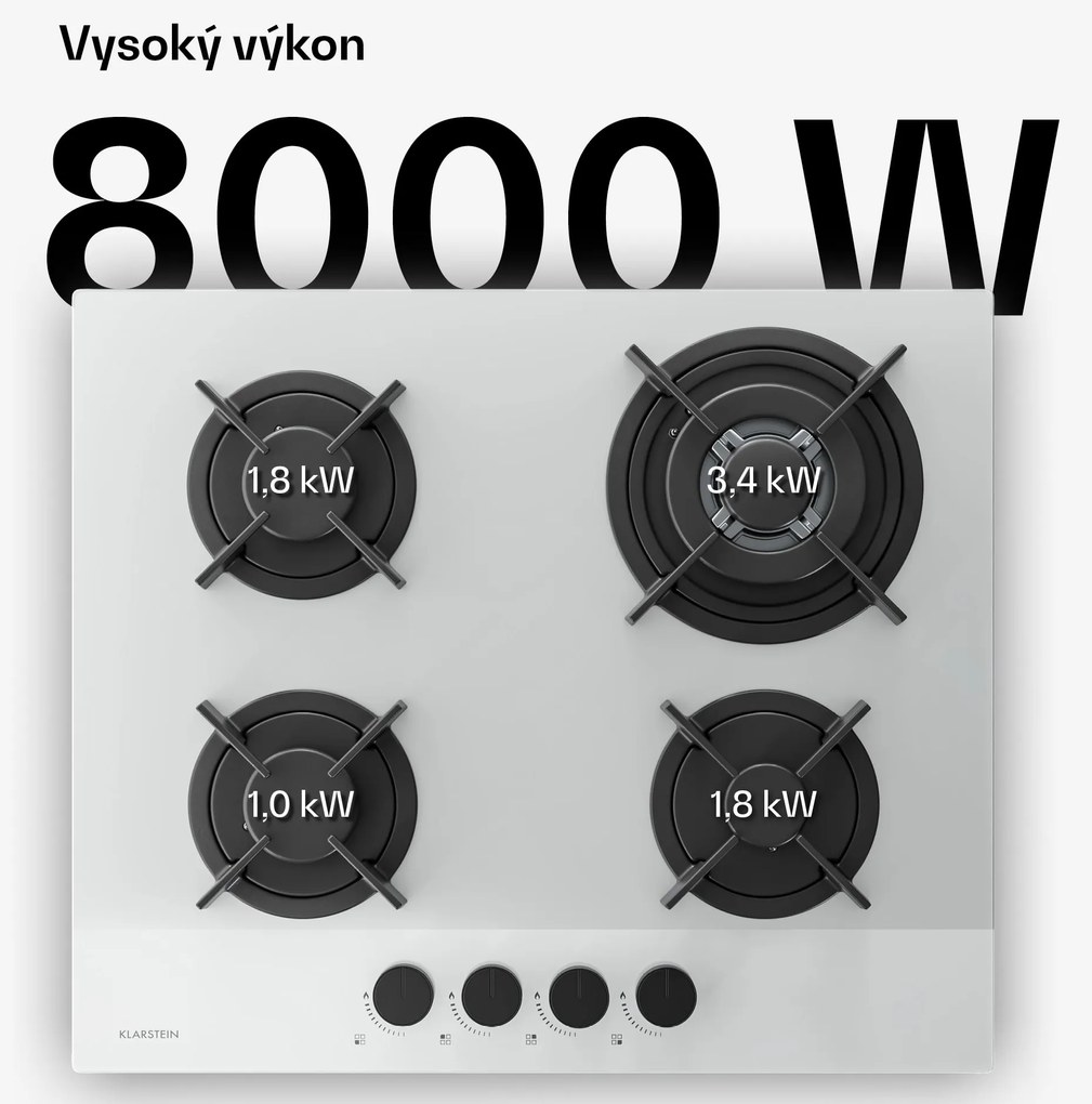 Klarstein Plynová varná deska Velaire, 4-plotýnka s elektrickým zapalováním, kompatibilní se zemním plynem a LPG, 8000W, 60cm