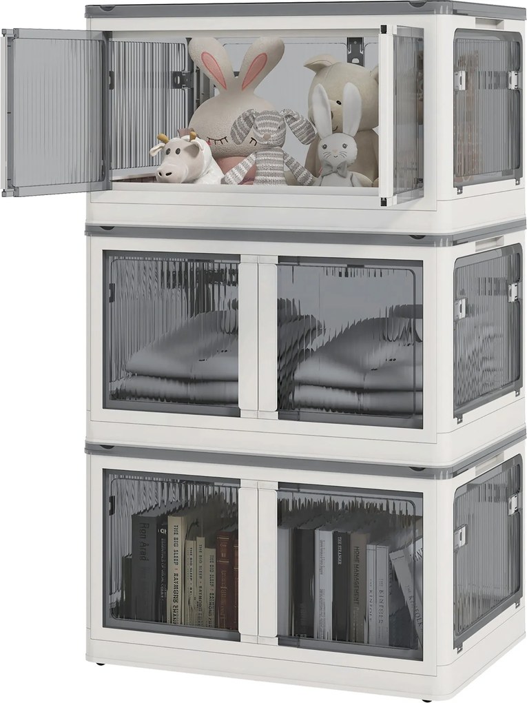 HOMCOM Plastová Sada Úložných Boxů 3 ks s Kolíky Skládací Bins Úložný Organizátor pro Hračky, Oblečení, Knihy Bílá, 60cm x 42cm x 34cm | Aosom