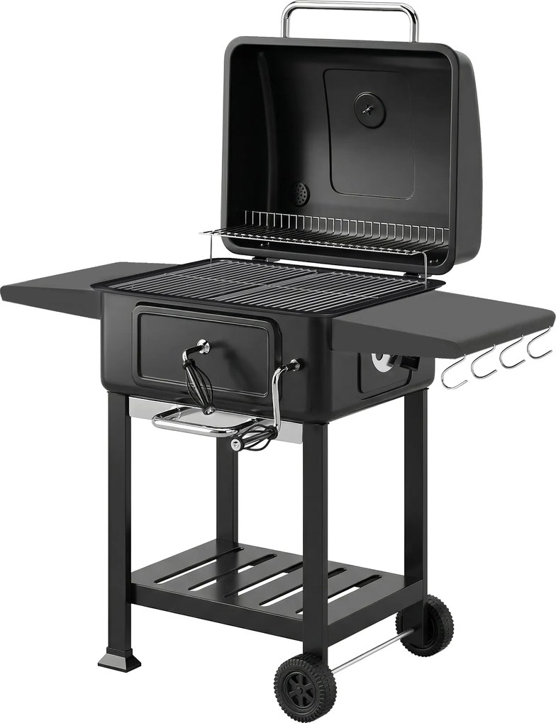 Gril na dřevěné uhlí BBQ udírna s víkem Teploměr výškově nastavitelná pánev na dřevěné uhlí Komín Grilovací rošt Boční stolek Popelník