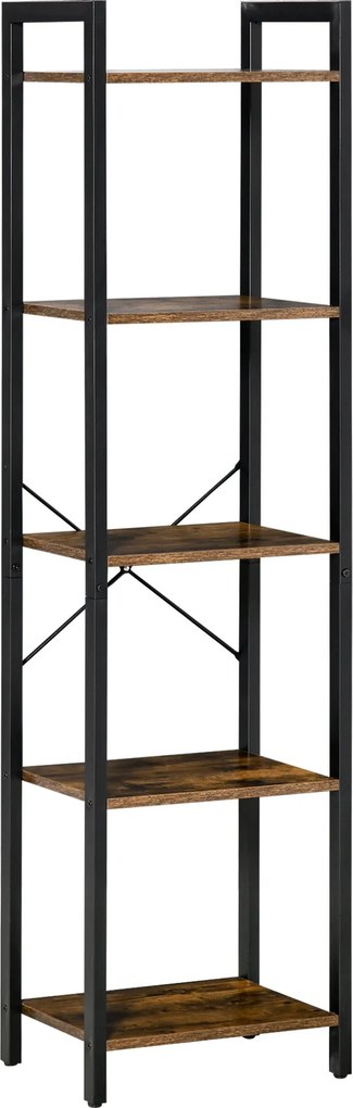 HOMCOM Průmyslová 5-patrová knihovna s ocelovým rámem pro obývací pokoj, kancelář, kuchyň a ložnici 40x30x154 cm Rustikální hnědá | Aosom