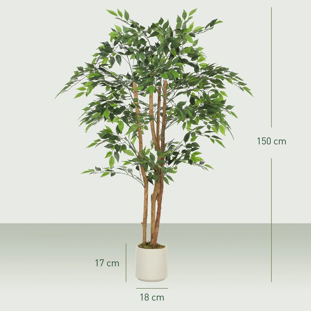 HOMCOM 150 cm umělý banyán do interiéru, dekorativní umělá rostlina v plastovém květináči se solidním dřevěným kmenem — do domu, kanceláře, obývacího…