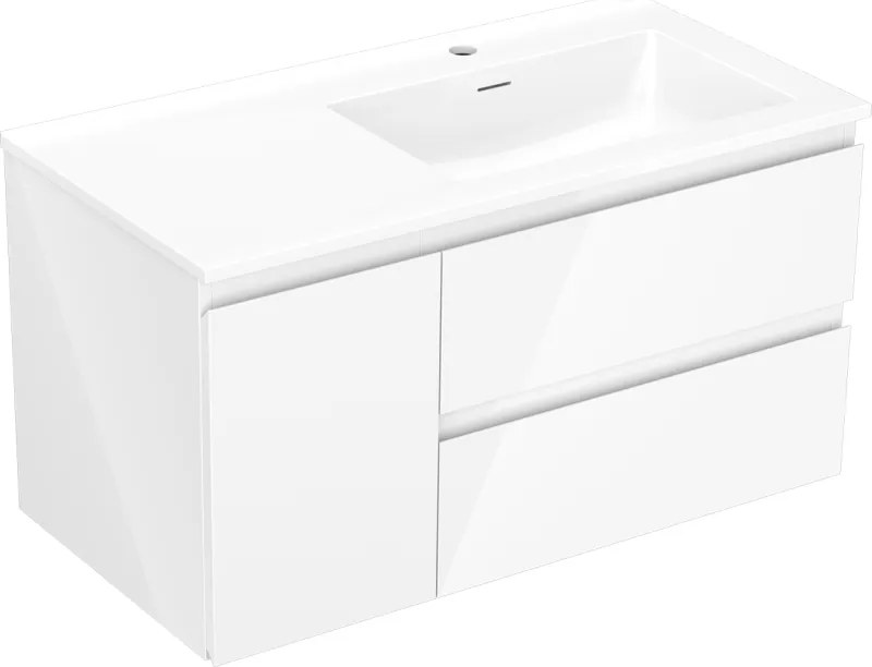 Mexen Orio, koupelnová skříňka 90 cm s pravým umyvadlem Otis, 2S, 1D, bílá lesklá, 91A13-09047-3-BBFFF00-W18P00