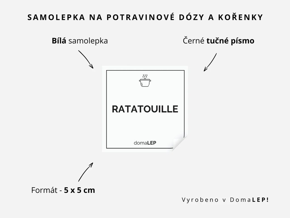 RATATOUILLE - omyvatelná samolepka na kořenky, výběr rozměrů Ø 5 cm / 5 x 5 cm / 6 x 8 cm | DomaLEP tvar: OBDÉLNÍK, barva: BÍLÁ - ČERNÉ písmo, velikost: š. 6 cm x v. 8 cm - tučné písmo