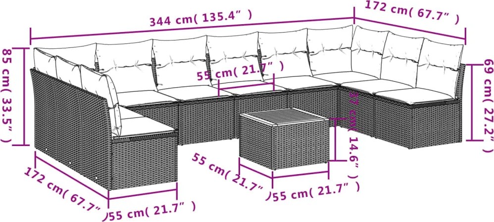 11dílná zahradní sedací souprava s poduškami černá polyratan 3223794