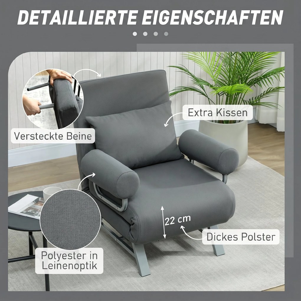 HOMCOM Rozkládací křeslo, čalouněné křeslo, přeměnitelné na postel pro hosty, ergonomické, tmavě šedé
