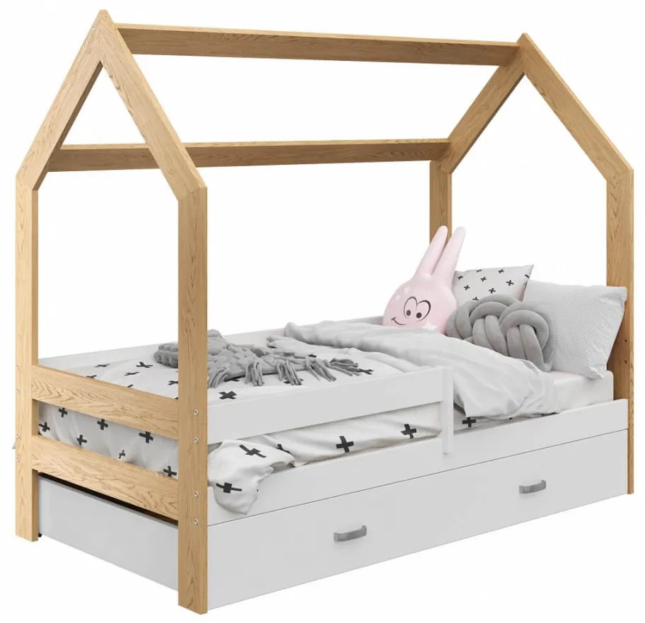 Dětská postel Domek 80x160 cm D3, rošt ZDARMA - borovice (Barva zábrany: Borovice, Barva úložného prostoru: Šedá, Volba matrace: Bez matrace)