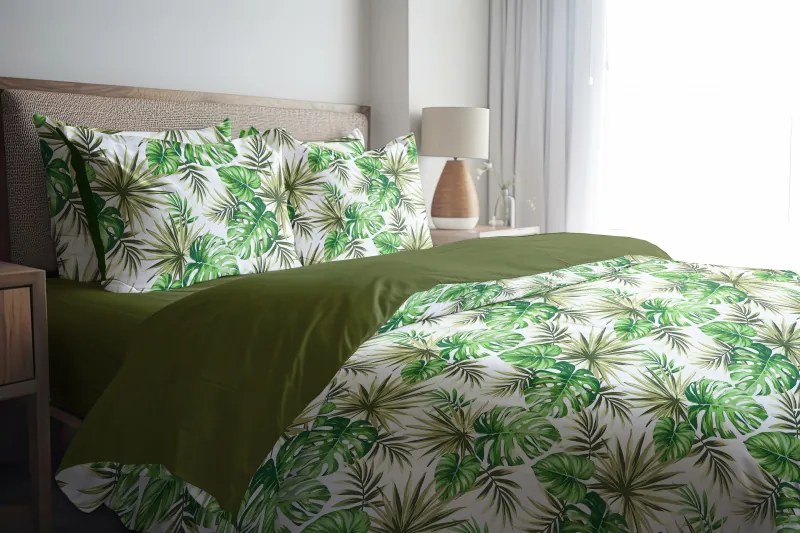 Ervi bavlněné povlečení oboustranné - Monstera zelená/olivová
