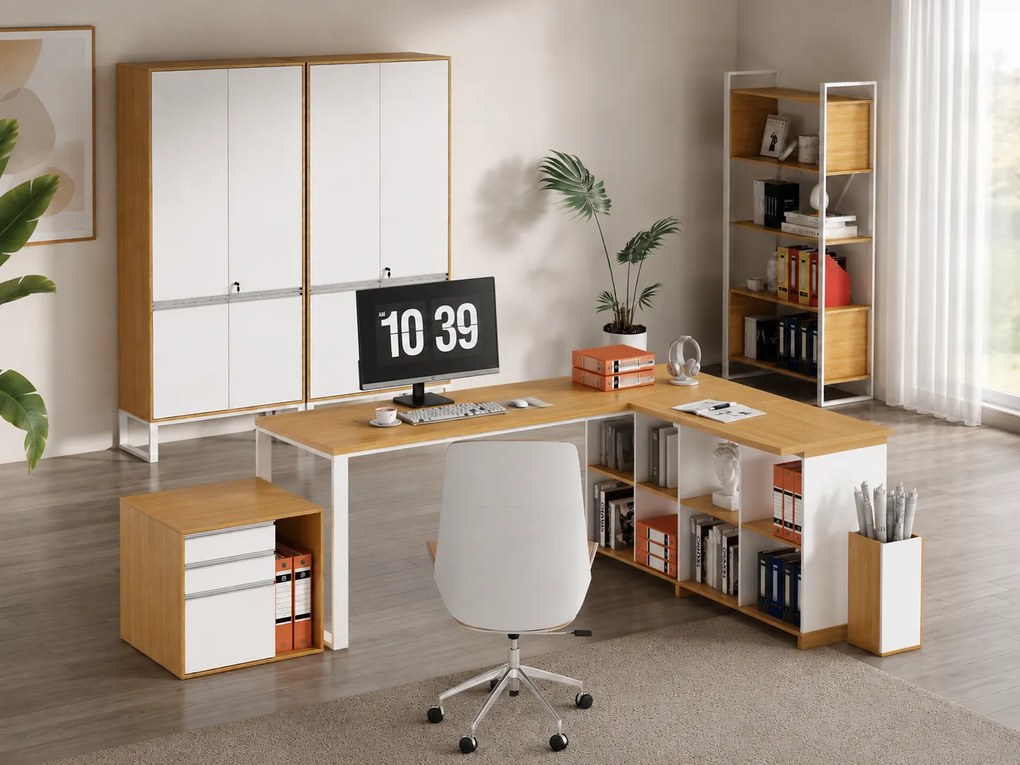 Rohový kancelářský stůl s regálem Houseland Nuvia Home 02 160 cm dub/bílý