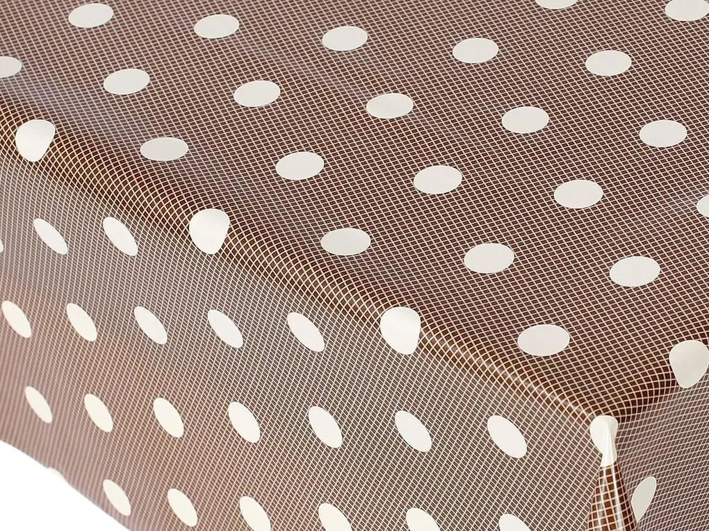 Škodák PVC ubrusovina - fólie vzor Bílé puntíky na hnědém – metráž šířka 130cm