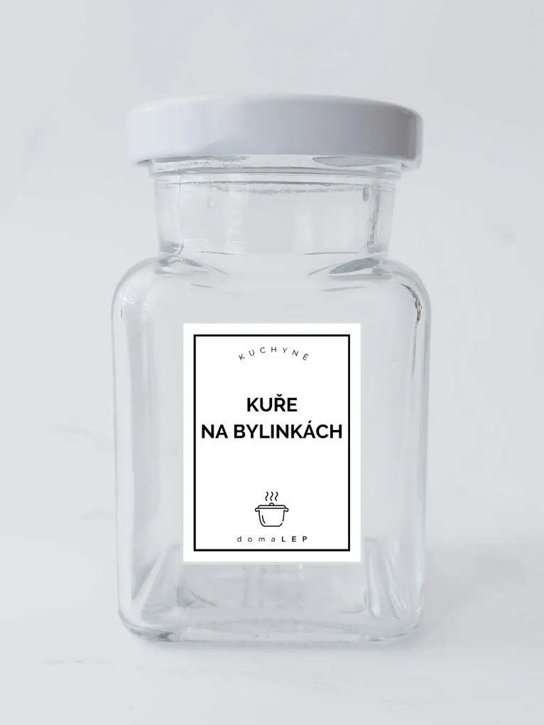 Samolepka na kořenky KUŘE NA BYLINKÁCH bílá 3 × 4 cm tučné písmo