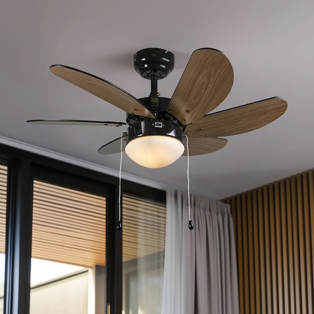 Stropní ventilátor černý s potiskem dřeva 80 cm s tahovým spínačem - Fresh