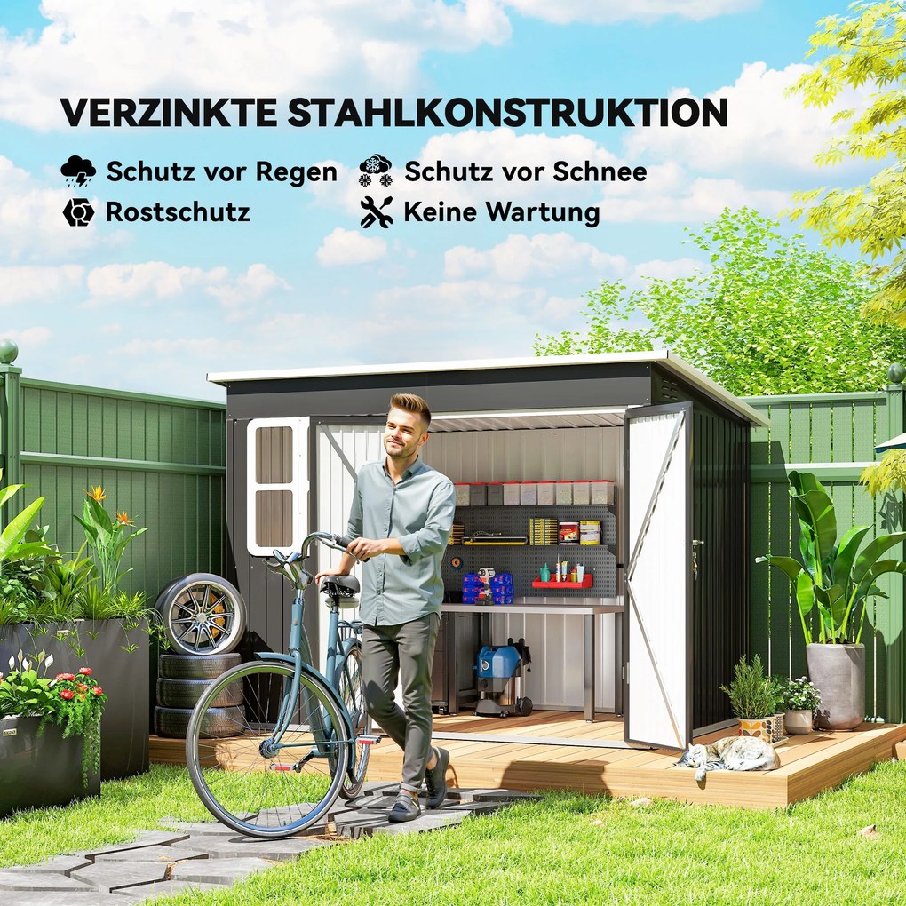 Outsunny Kovová Kůlna na Nářadí 4,13 m² 260 x 177 x 190 cm Skladovací Kůlna s Oknem, Šikmou Střechou a Zámkem, Voděodolný Zahradní Dům na Zahradu