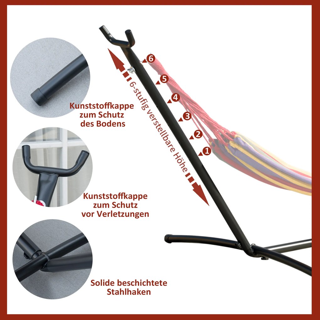 Stojan na houpací síť Outsunny pro houpací síť Kovový stojan s háčky 280 x 120 x 110 cm do 120 kg pro zahradu a pláž |