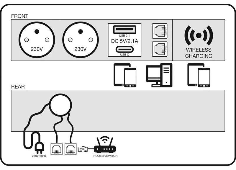 Jednací stůl PRIMO SQUARE, 200x80 cm, buk + 2x stolní zásuvka TYP V, černá