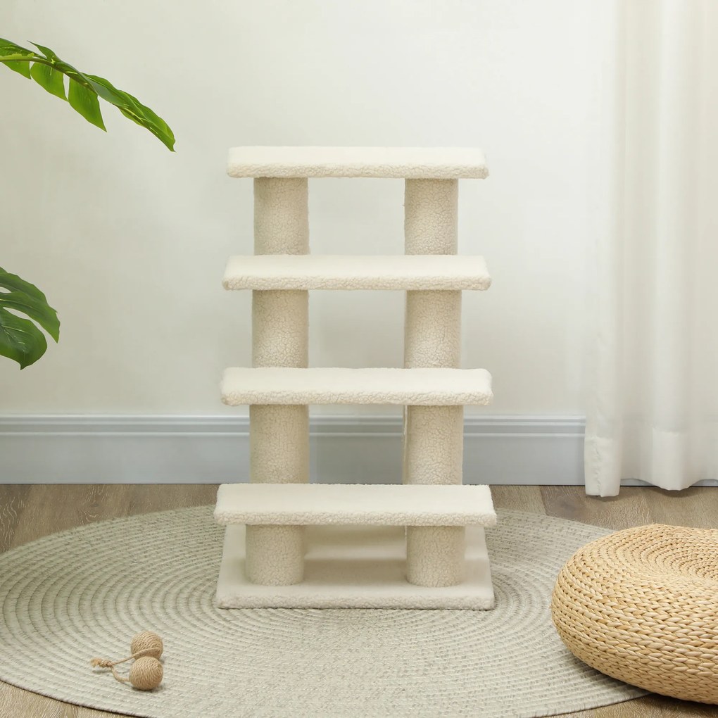 Schody pro psy a kočky PawHut 4stupňové plyšové béžové 63,5x43x60cm ideální pro starší zvířata