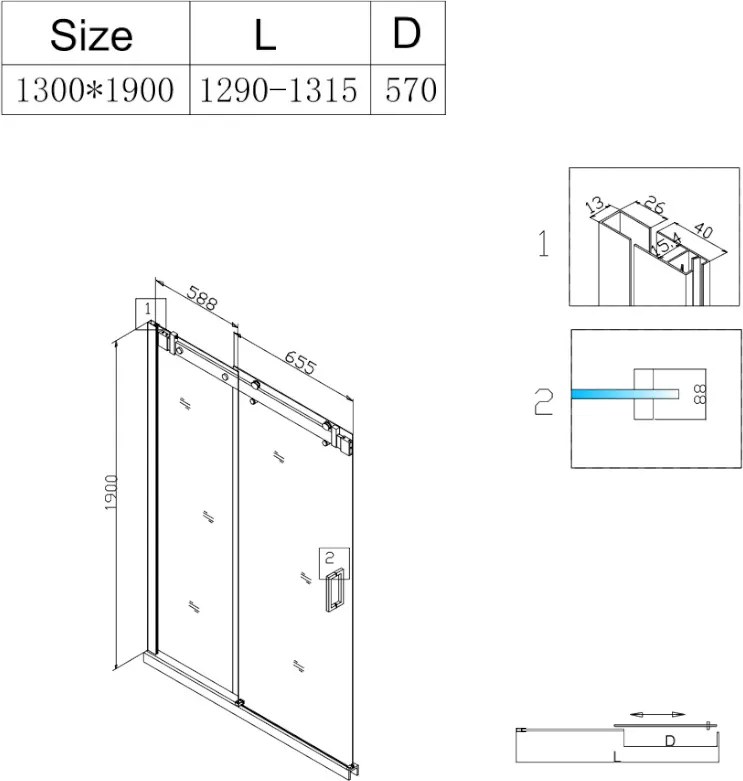 BPS-koupelny Posuvné sprchové dveře HYD-PD03E 130 černá/transparent pro instalaci do niky - bez vaničky