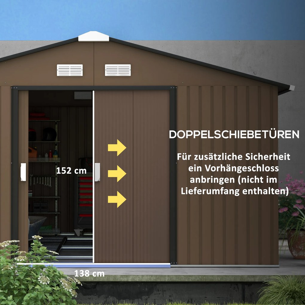 Outsunny Toolhouse 12,4 m², Zahradní Kůlna s Šikmou Střechou, Posuvné Dveře, Základna, 386 x 340 x 200 cm, Kůlna na Nářadí z Pozinkované Oceli, Odoln…