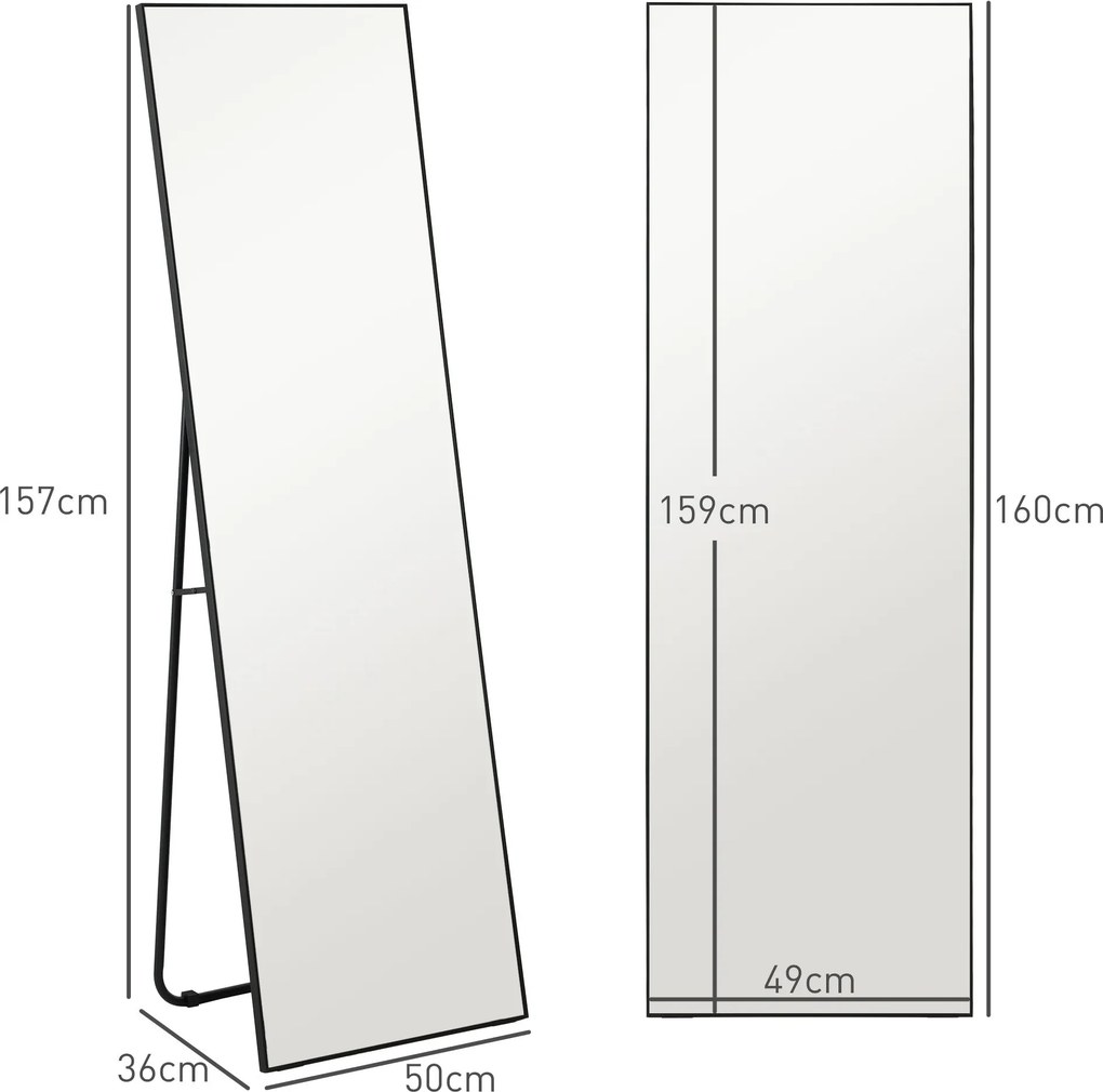 HOMCOM Velké obdélníkové zrcadlo, 50 x 160 cm - volně stojící, ke zdi nebo opřené - pro ložnici, obývací pokoj a šatnu, černé | Aosom