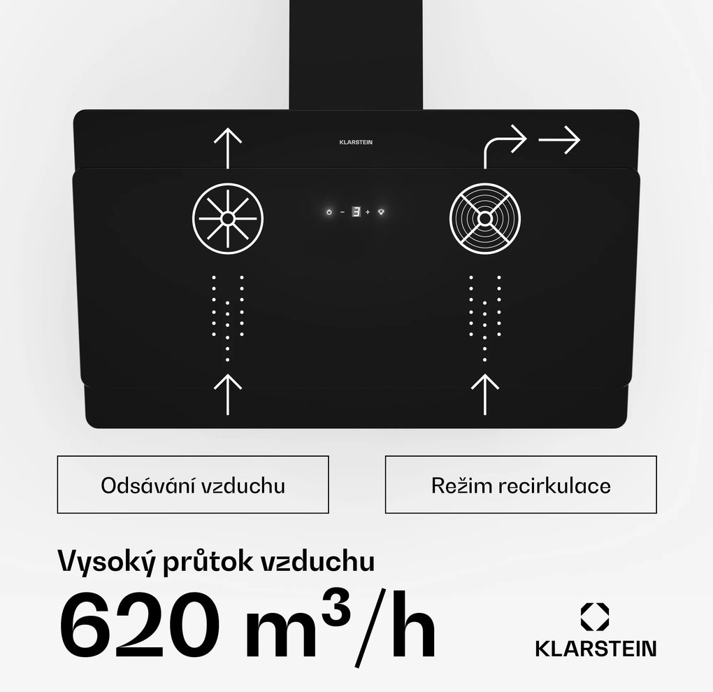 Klarstein Aurica 90, digestoř, 90 cm, nástěnná, 620 m³/h, LED, dotykové ovládání, sklo, černá
