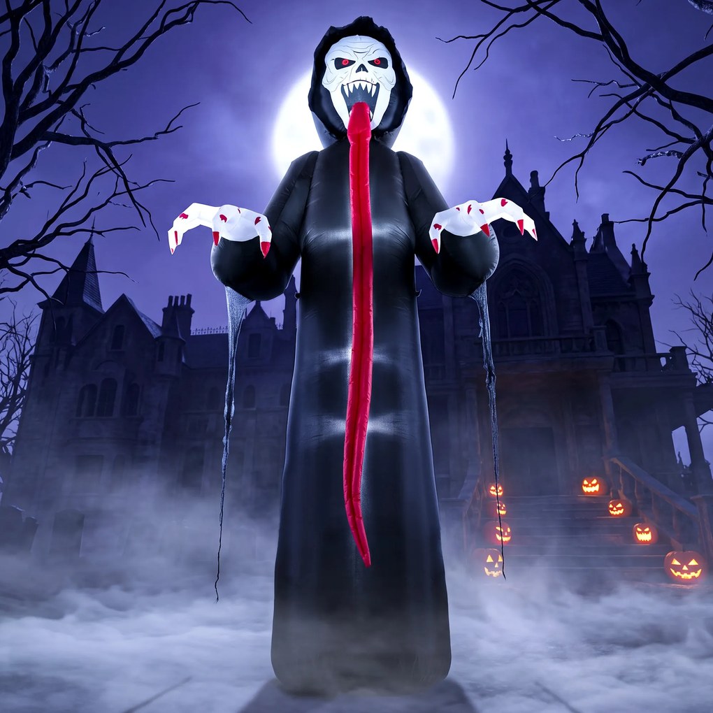 Outsunny Nafukovací Halloween kostlivec, 310 cm, s integrovanými LED světly, strašidelná dekorace pro vnitřní i venkovní použití