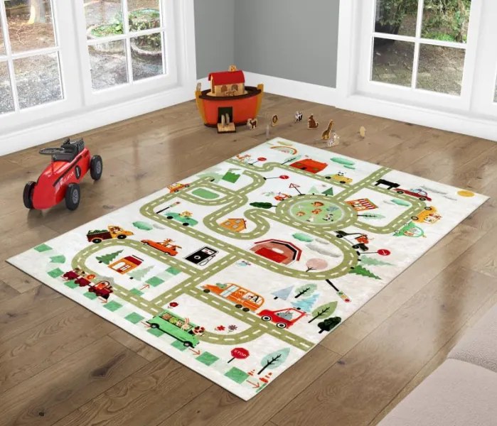 Bellatex Kobereček dětský šířka 100 cm, délka 150 cm Dopravní hřiště Šedá,Zelená,Červená