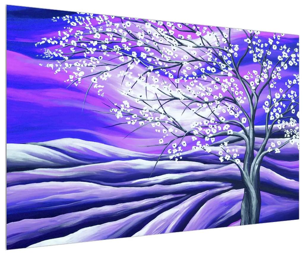 Fialový obraz rozkvetlého stromu (120x80 cm)