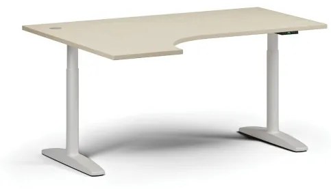 Výškově nastavitelný stůl OBOL, elektrický, 675-1325 mm, rohový levý, deska 1600x1200 mm, bílá zaoblená podnož, bříza