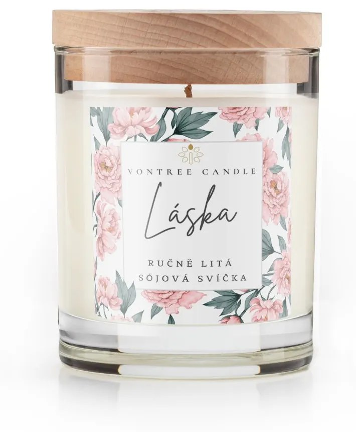 Sójová svíčka VONTREE CANDLE ❤ Láska | Maliny, Liči, Růže, Jasmín. Pivoňka | 175 g Typ víčka: Dřevěné víčko