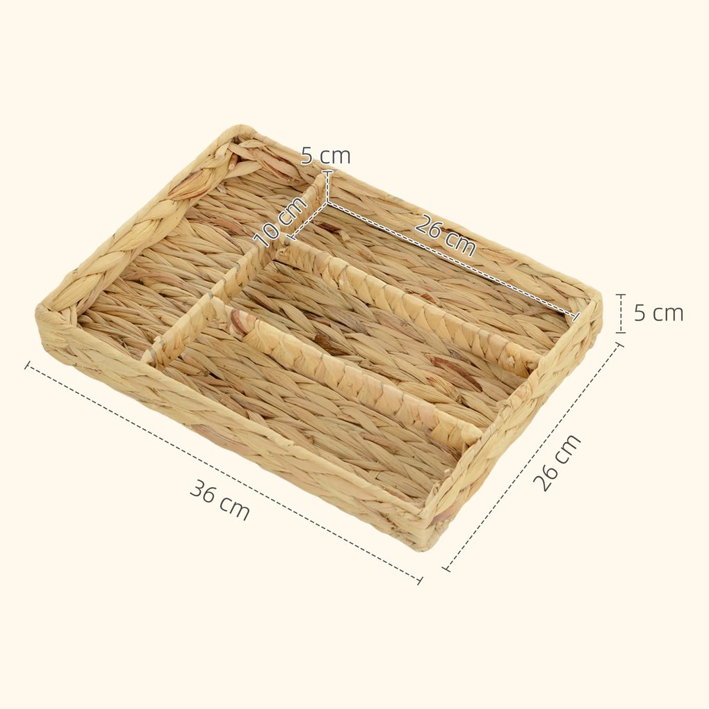 HOMCOM Obdélníkový Úložný Koš, Woven Storage Basket z Vodního Hyacintu s 4 Odděleními, Úložný Koš pro Kuchyni, Koupelnu, Ložnici, Přírodní | Aosom