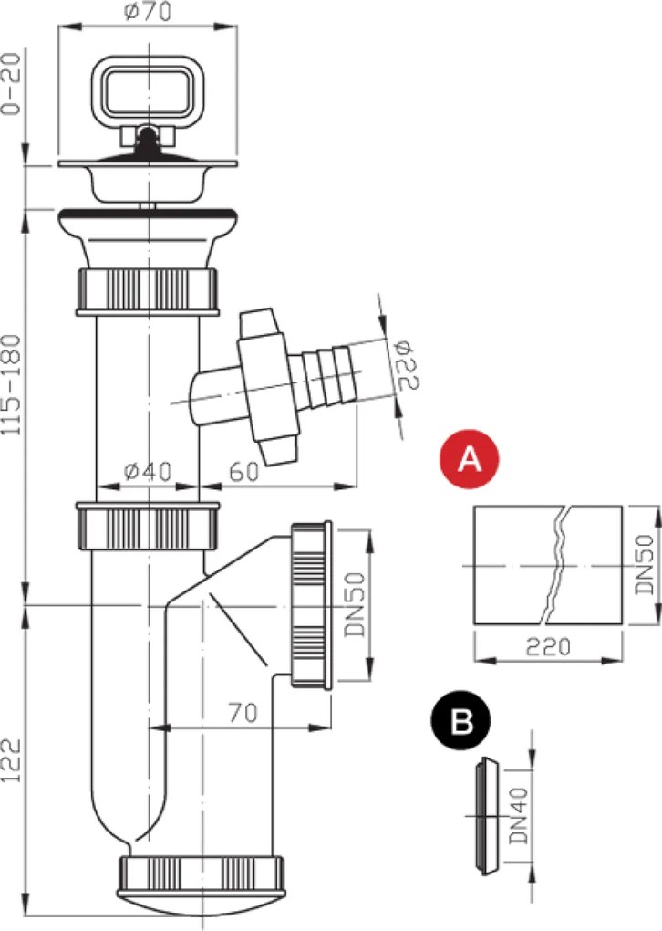 Bruckner dřezový sifon s odbočkou nerez výpust zátka s uchem bílá 155.118.0